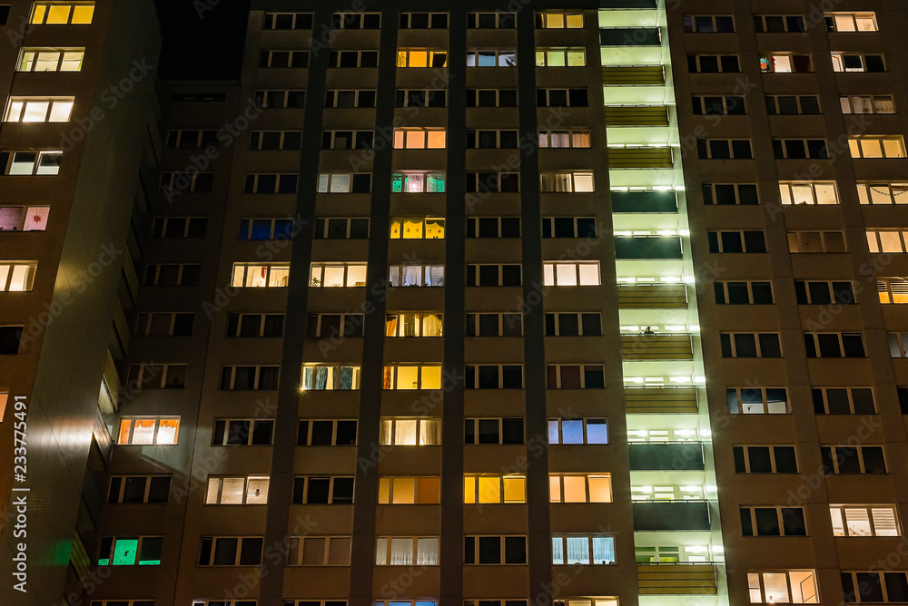 high rise facade at night, High-rise facade at night, DDR Plattenbau ...