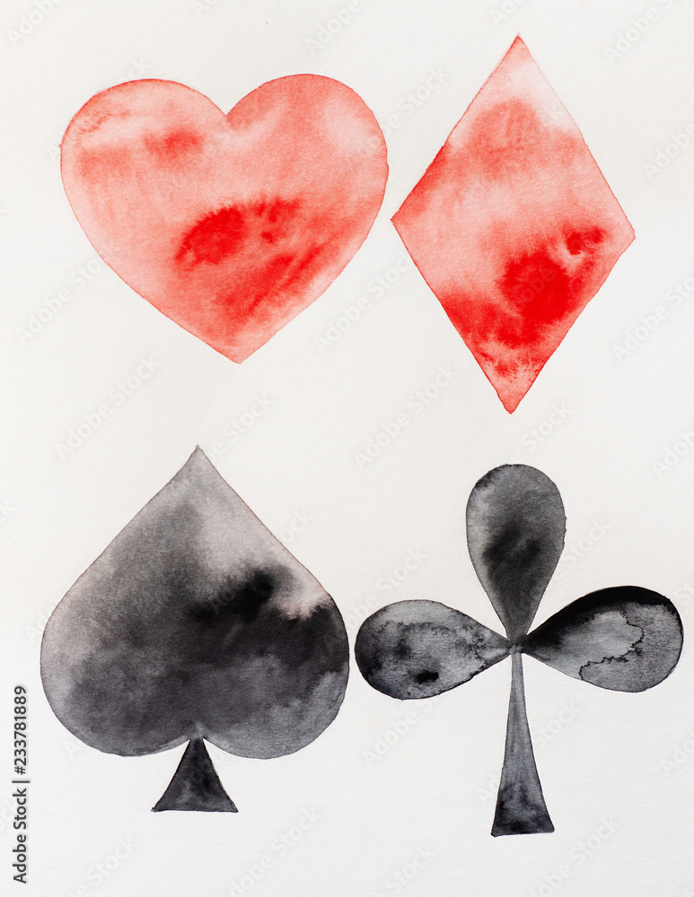 Watercolor of playing cards symbols. Diamonds, hearts, clubs, peaks ...