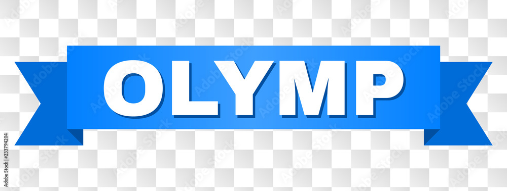 OLYMP text on a ribbon. Designed with white caption and blue tape ...