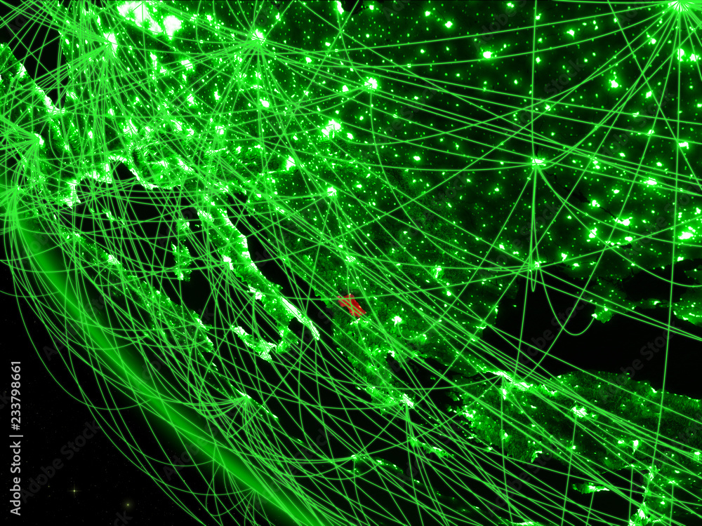 Kosovo on green planet Earth from space with network. Concept of ...