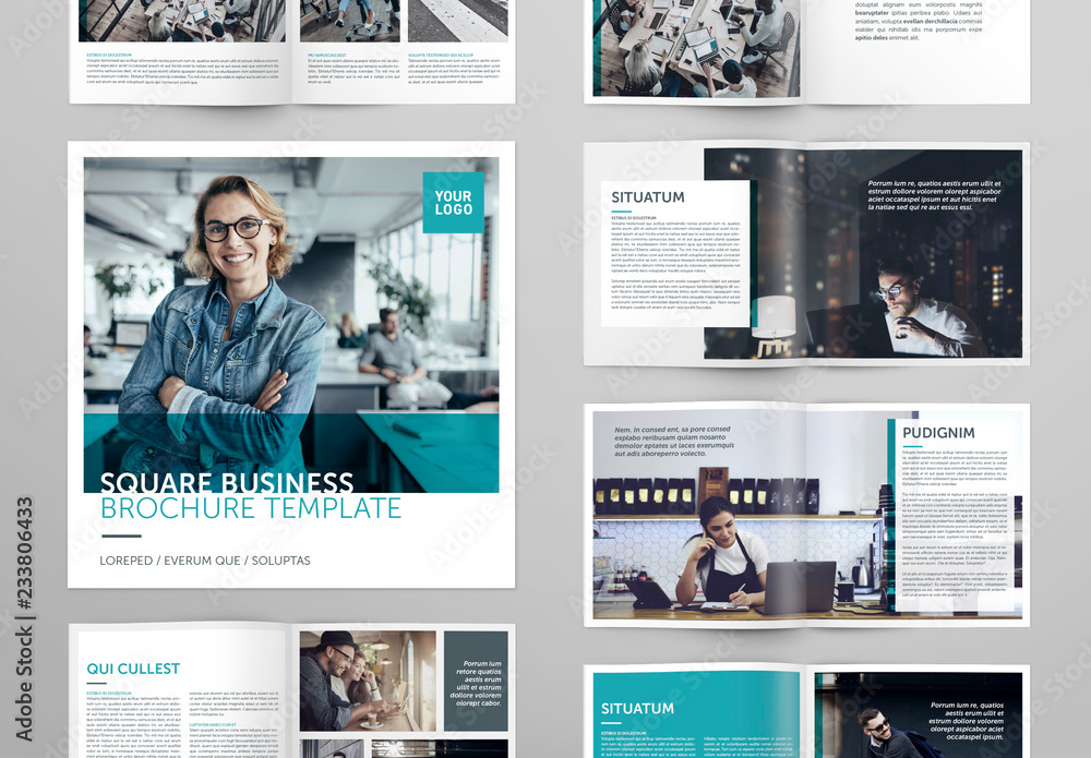 Square Brochure Layout with Teal Accents Stock Template | Adobe Stock