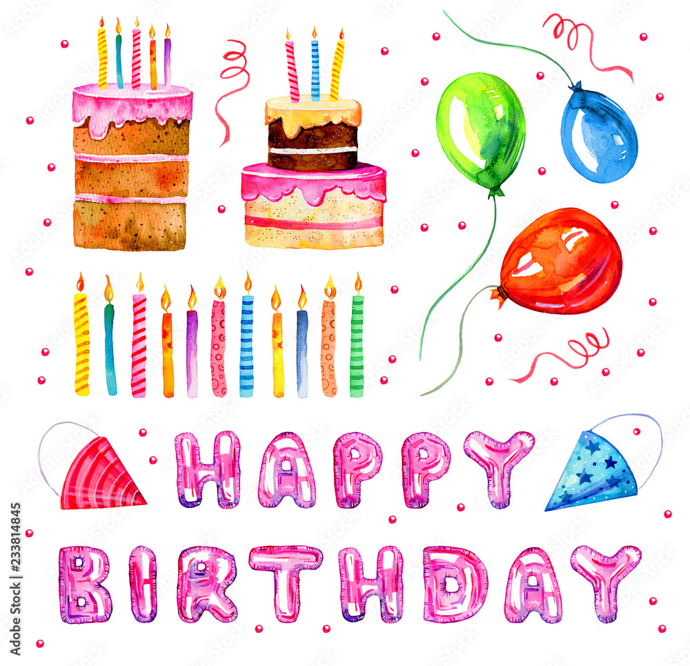 Set of stylized birthday elements. Hand drawn cartoon candles, cake ...