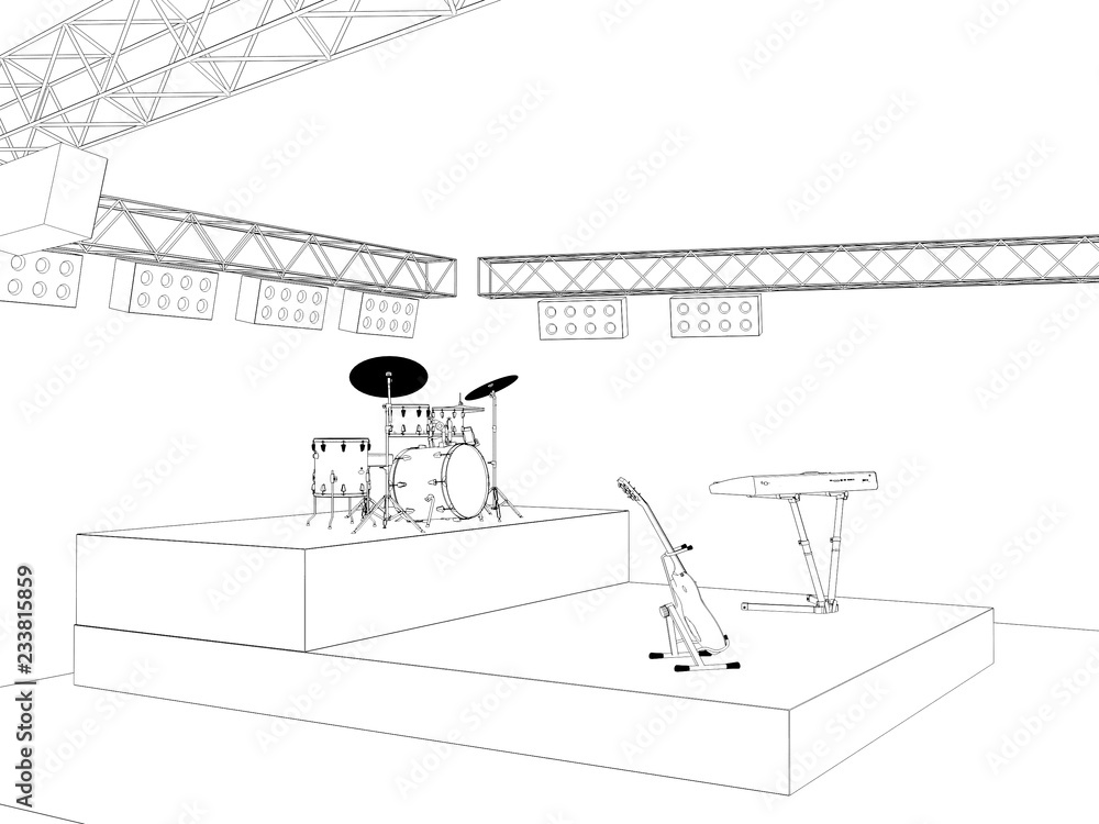 concert stage, contour visualization, 3D illustration, sketch, outline ...