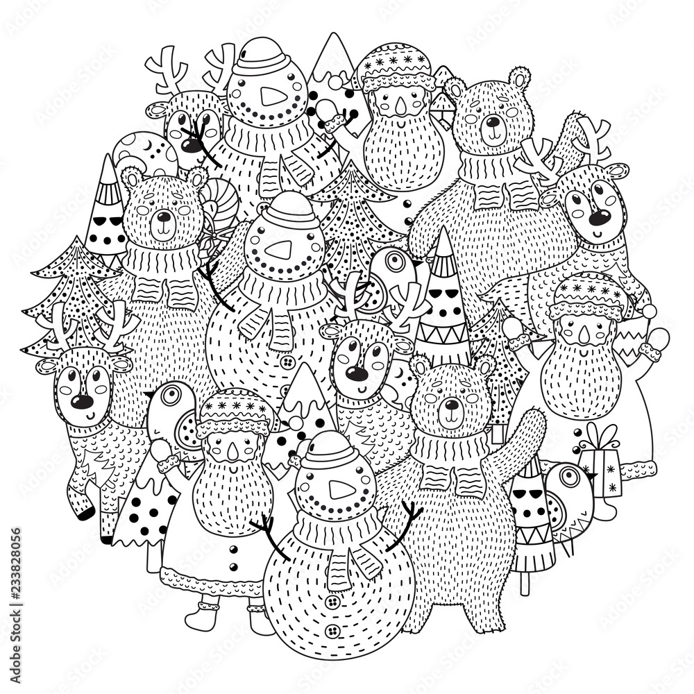 Christmas characters circle shape pattern for coloring book. Vector ...