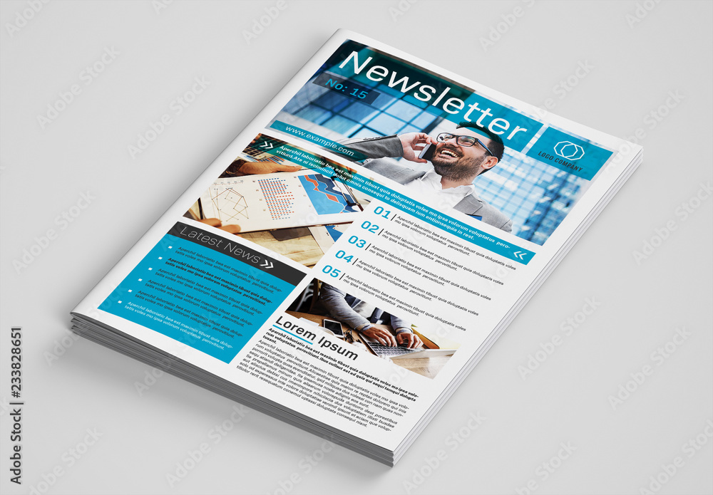 Business Newsletter Layout with Blue Accents Stock Template | Adobe Stock