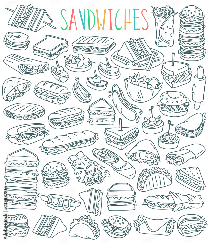 Sandwiches doodles set. Club sandwich, cheeseburger, hamburger, falafel ...