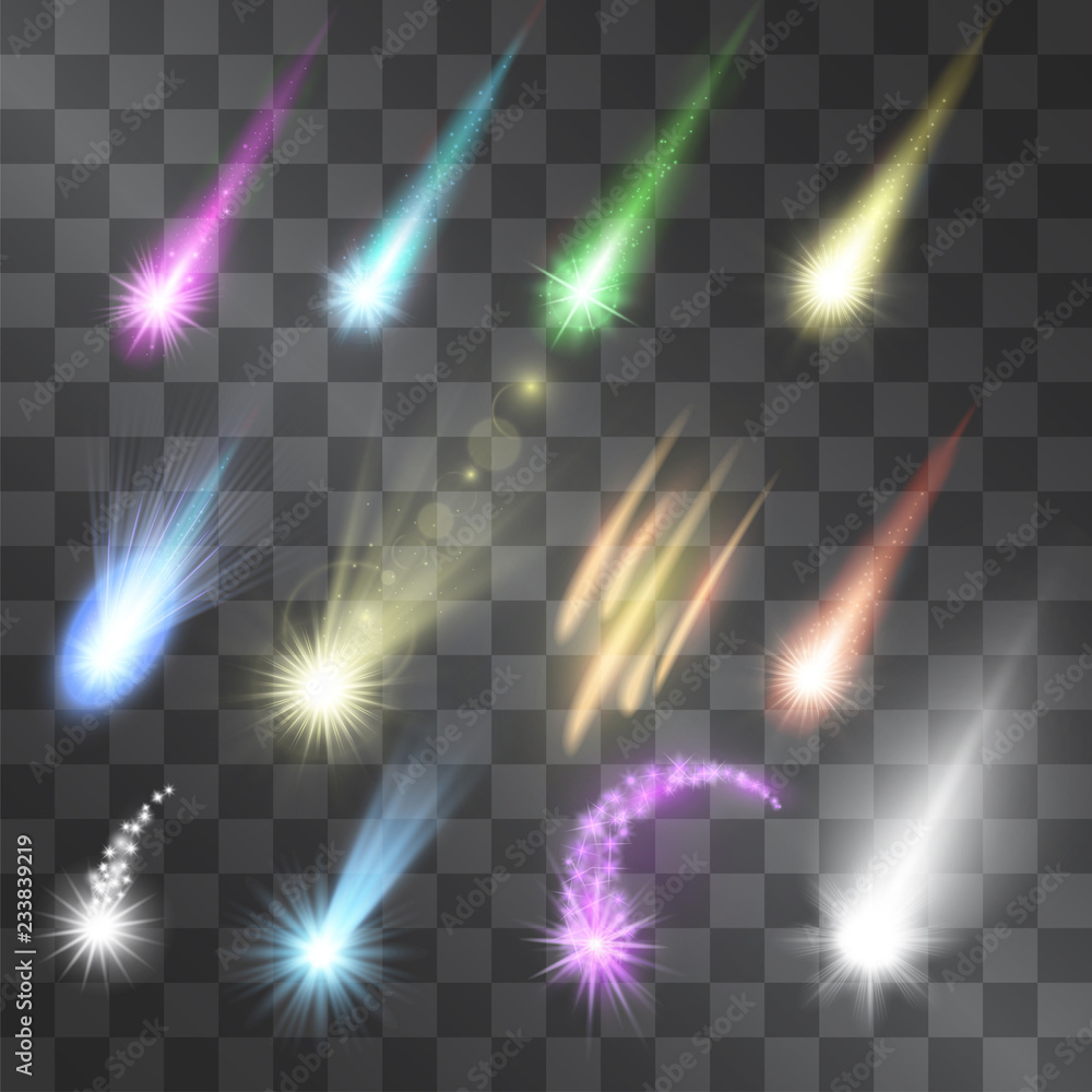 Meteorite falling vector set isolated on transparent background. Comet ...