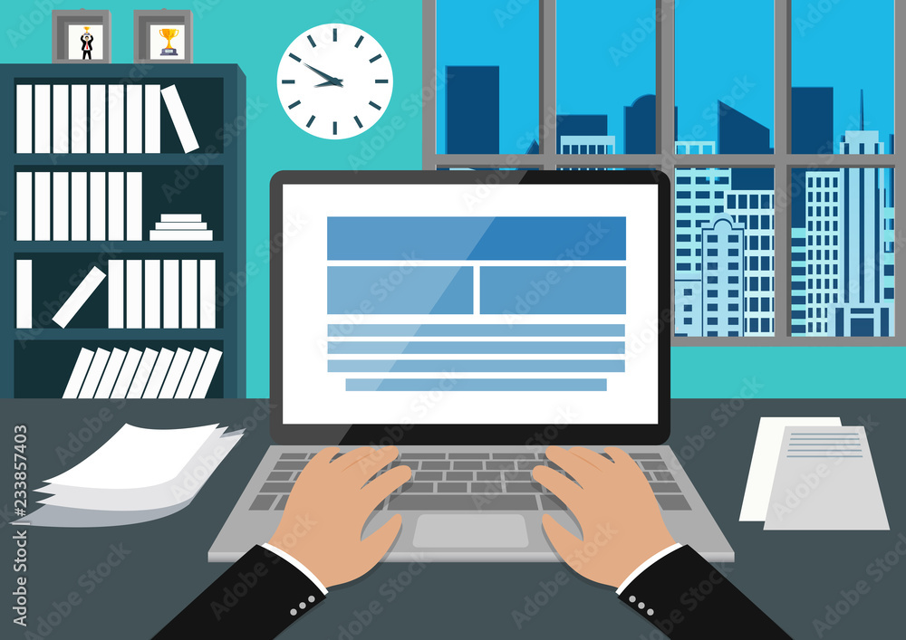 office employee workspace with someone hand typing white modern ...