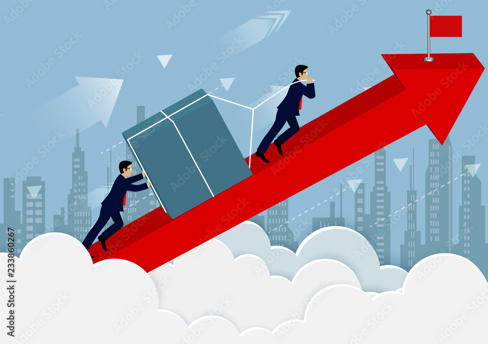 Vecteur Stock teamwork concept. Businessmen help push the barriers up ...