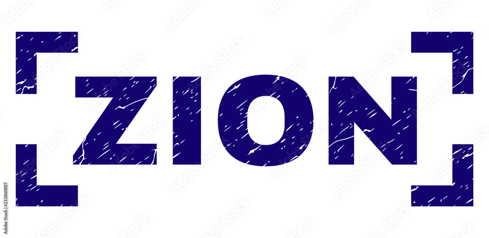 ZION label seal imprint with corroded texture. Text label is placed ...