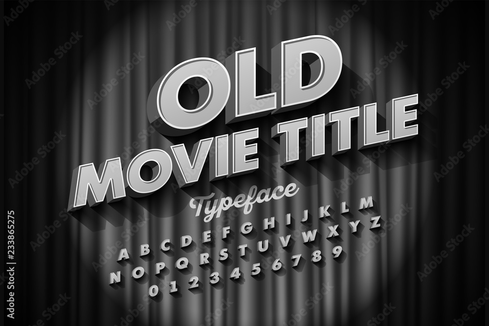 Retro style font, Old Movie title screen, alphabet letters and numbers ...