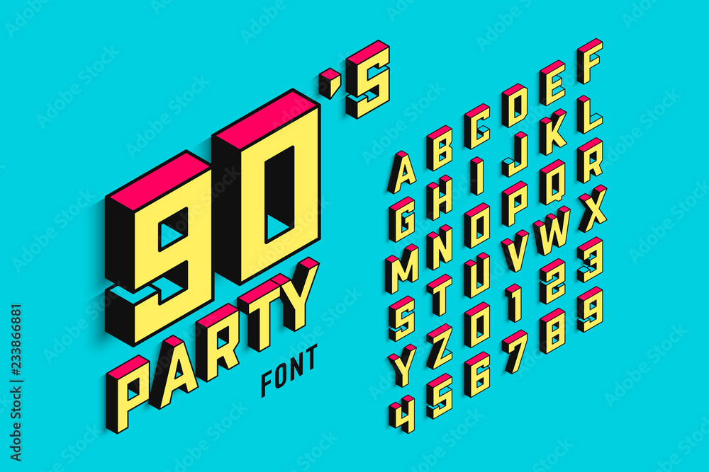 Isometric 3d font, back to the 90's alphabet letters and numbers Stock ...