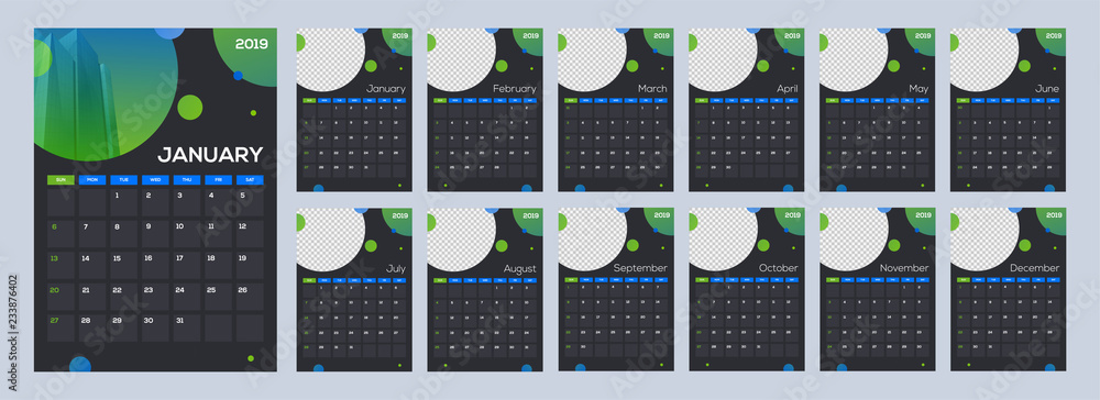 Collection of 12 months yearly calendar design for 2019 with space for ...