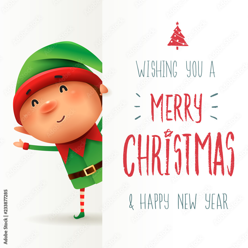 Little Elf with big signboard. Merry Christmas calligraphy lettering ...