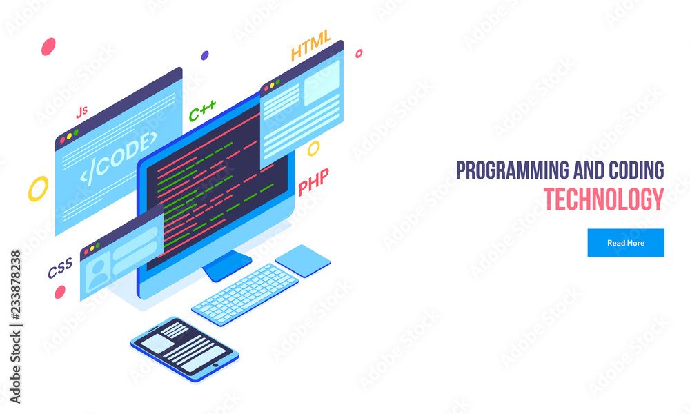 Isometric illustration of desktop, smartphone with different coding ...