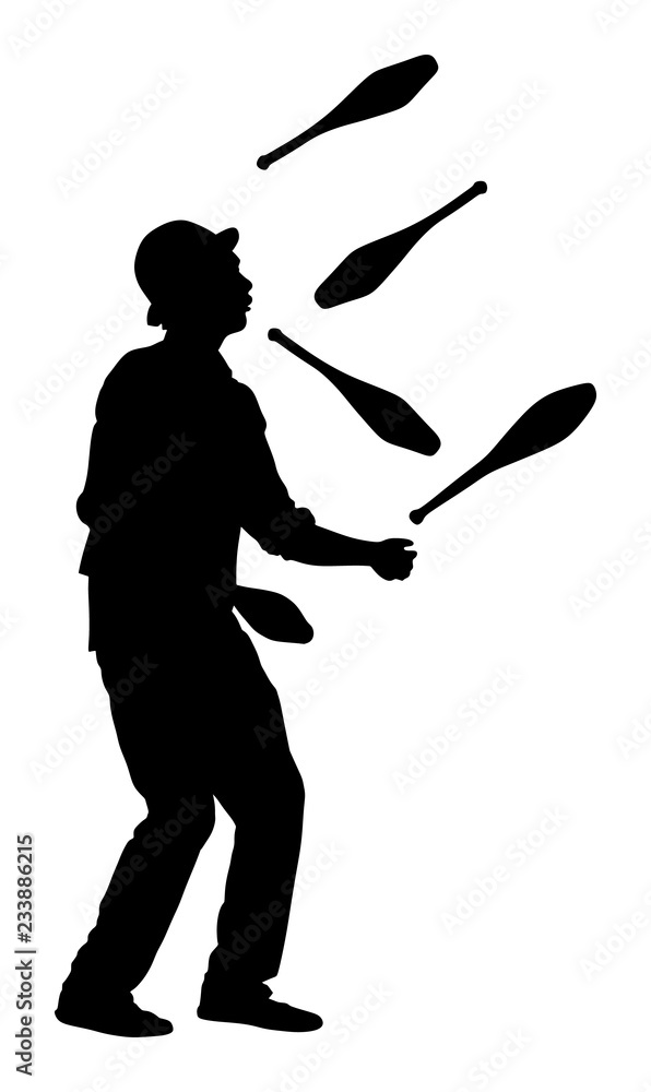 Juggler artist vector silhouette, Juggling with pins. Clown in circus ...