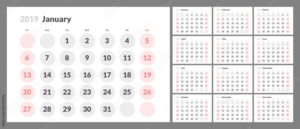 Year 2019 calendar horizontal vector design template with numbers of ...