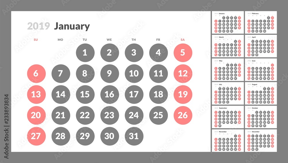 Year 2019 calendar horizontal vector design template with numbers of ...