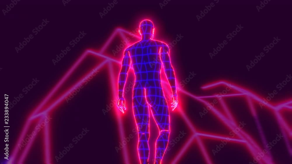 Neon low poly grid walking human figure animation. Seamless retro ...