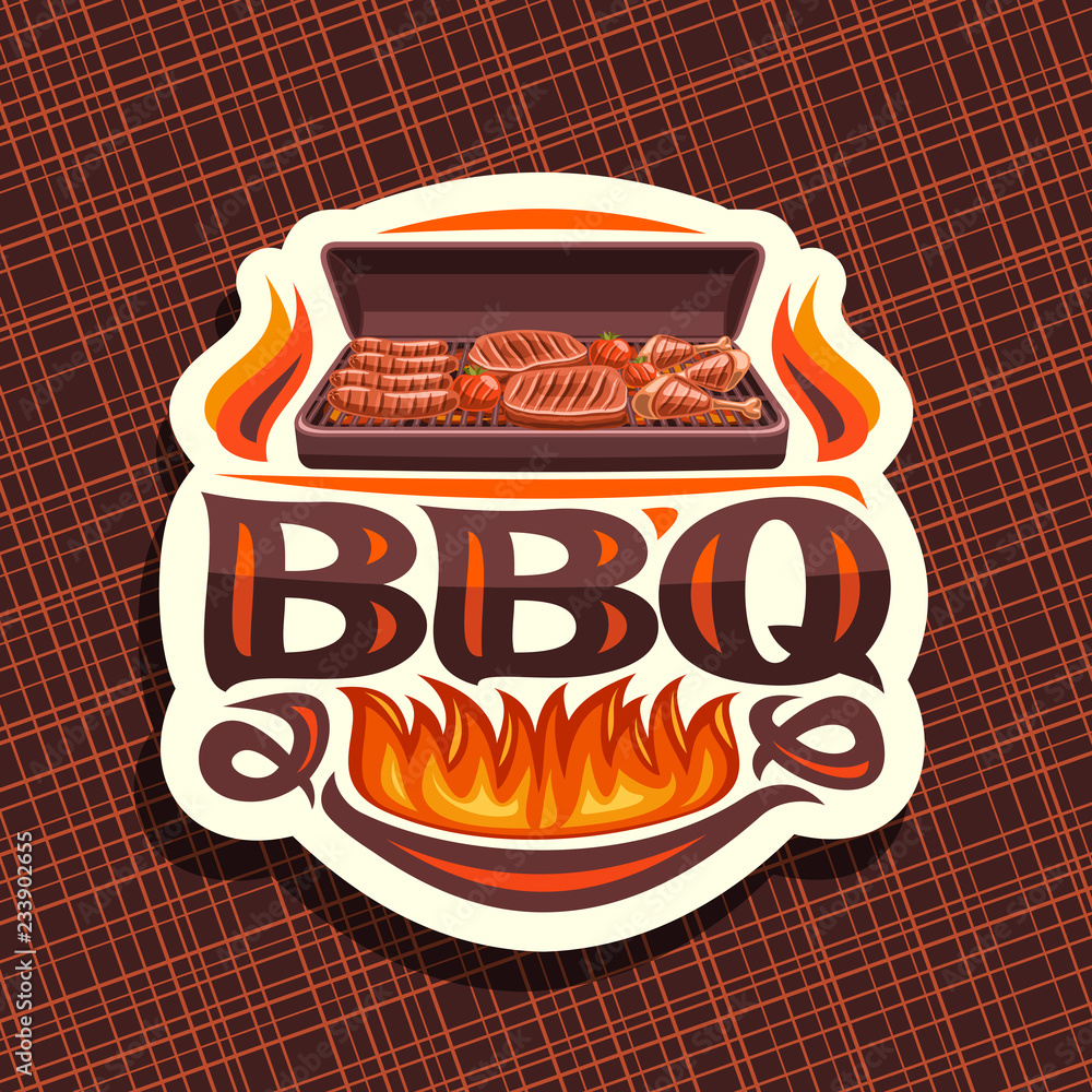 Vector logo for BBQ, white decorative label with roasted frankfurters ...