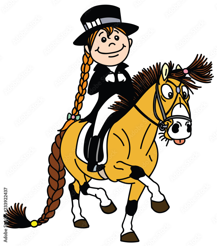 cartoon girl riding a pony horse. Funny equestrian dressage sport ...