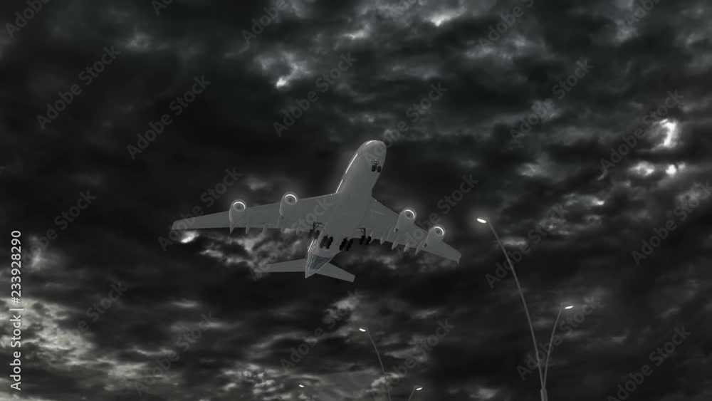 Egypt, approach of the aircraft to land at night in cloudy weather ...