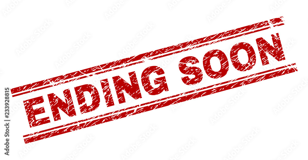 ENDING SOON seal print with corroded texture. Red vector rubber print ...