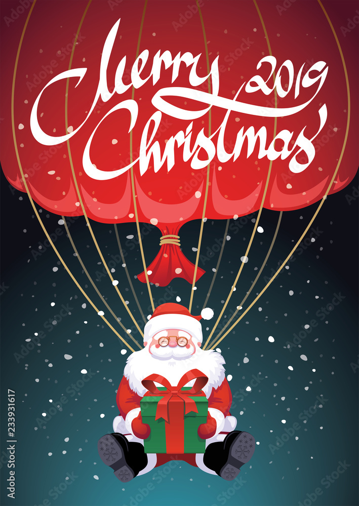 Santa Claus flying on hot air balloon on night dark blue sky background ...