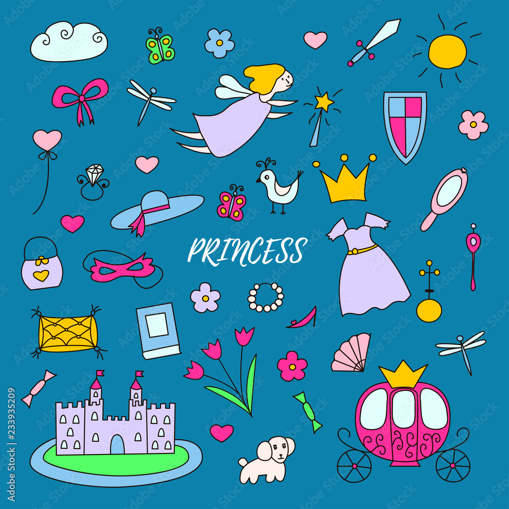 Colorful princess doodle set with hand drawn brougham, castle, fairy ...