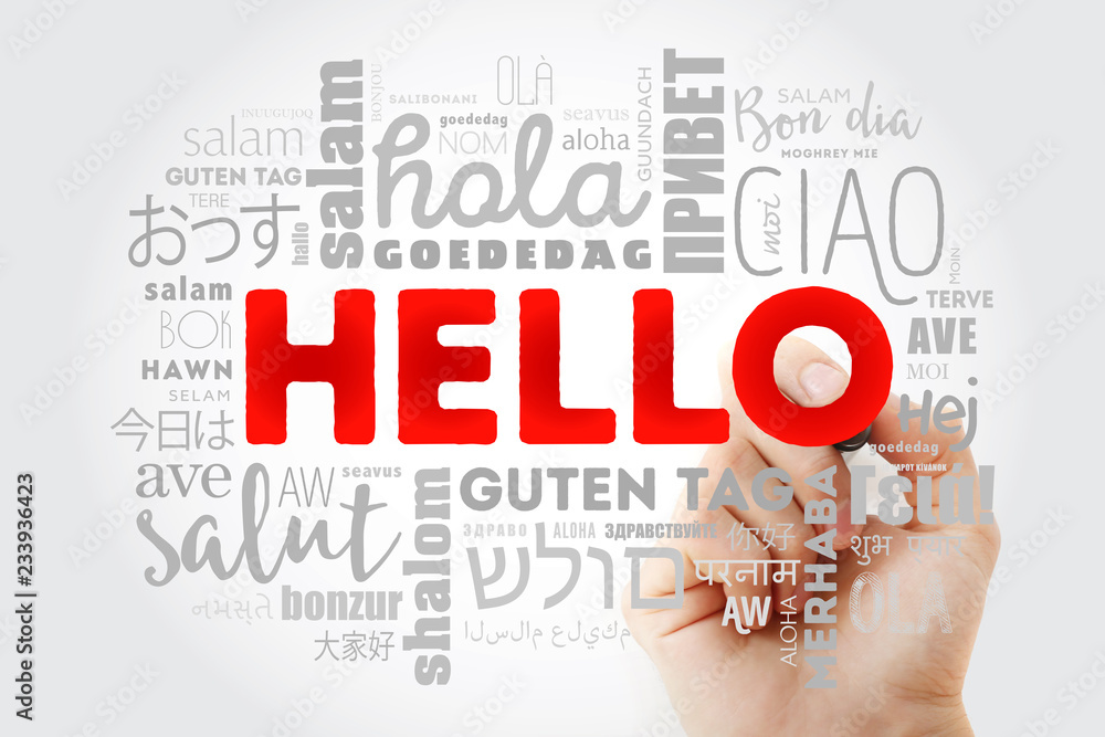 Hello word cloud with marker in different languages of the world ...