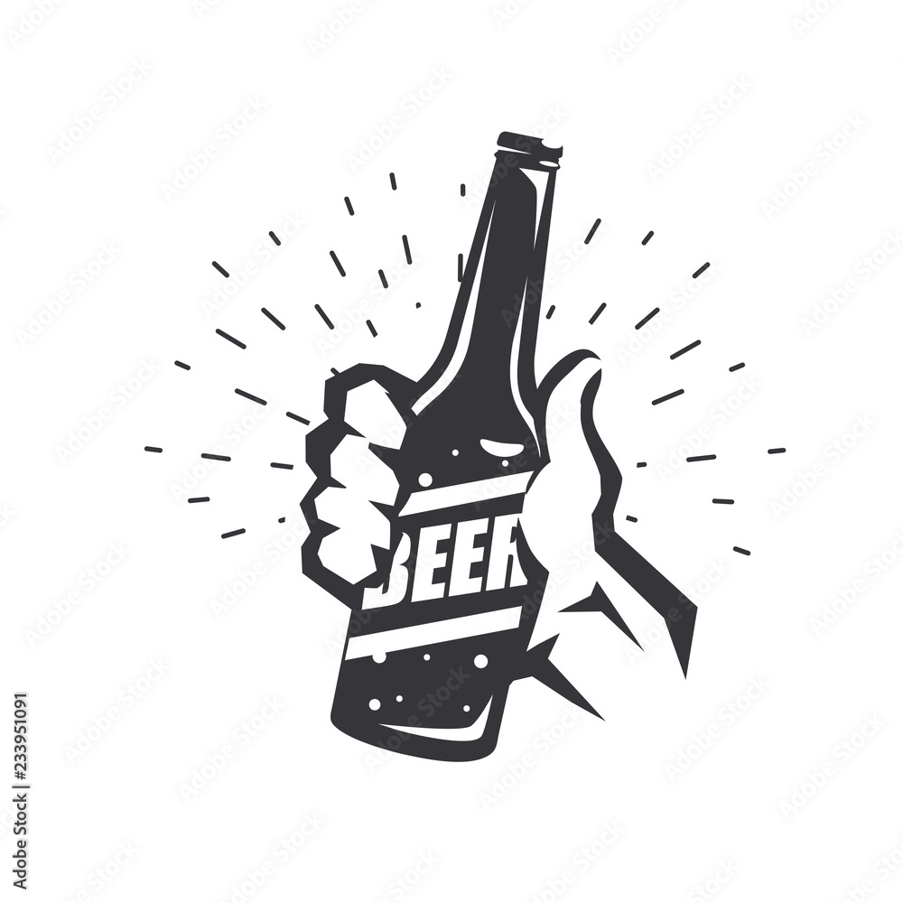 hand holding beer bottle, stylized vector symbol in retro style, logo ...