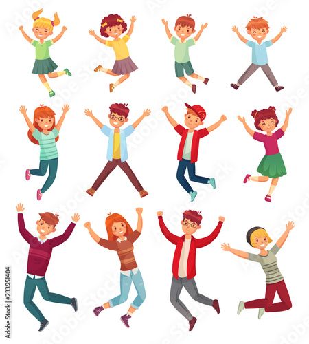 Jumping kids. Excited childrens jump, happy jumped teenagers and ...