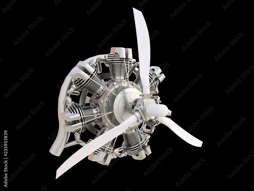 Old circular aircraft internal combustion engine with propeller and ...