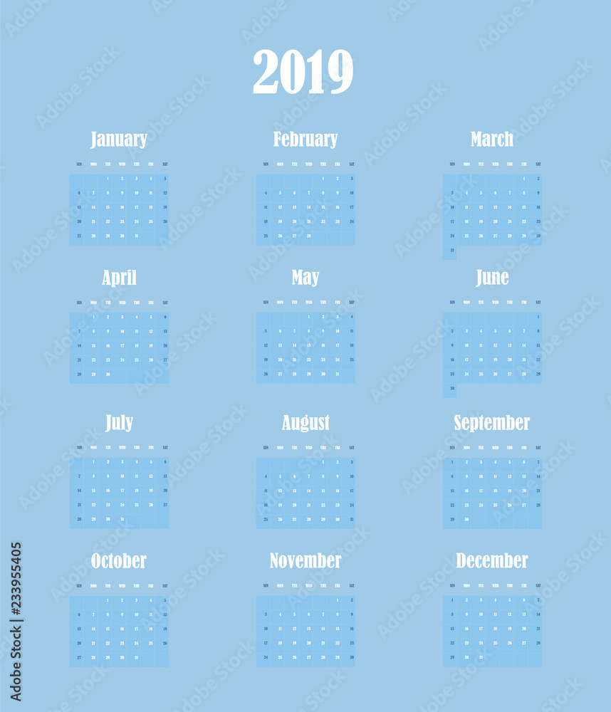 2019 New year vector calendar in minimal simple style on tender blue ...