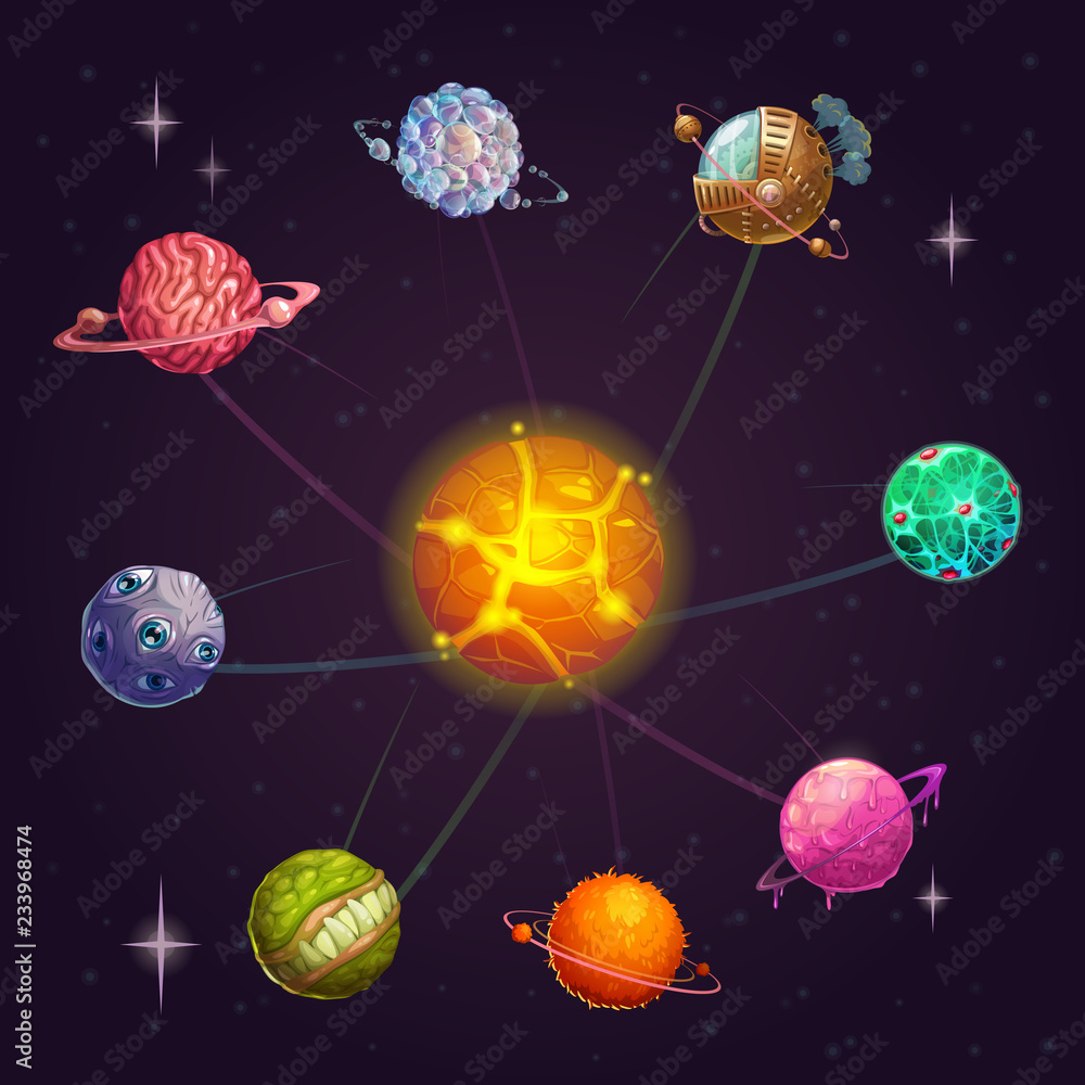 Fantasy alien solar system with star and unusual planets. Vector space ...