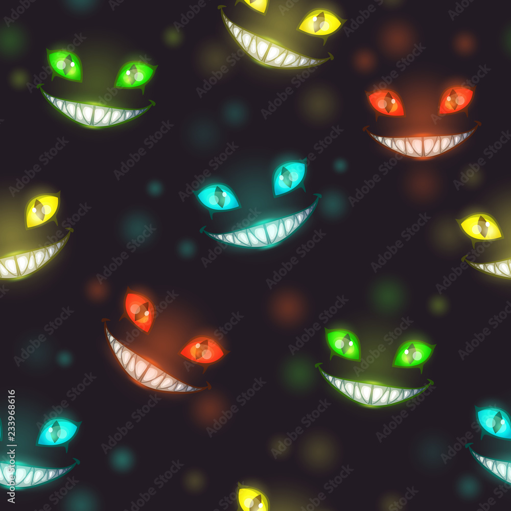 Scary Halloween night background with creepy colorful shiny evil faces ...