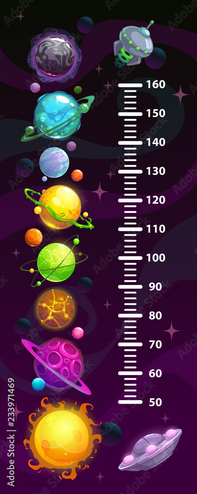 Kids space height chart, cosmic wall meter with cartoon fantasy planets ...