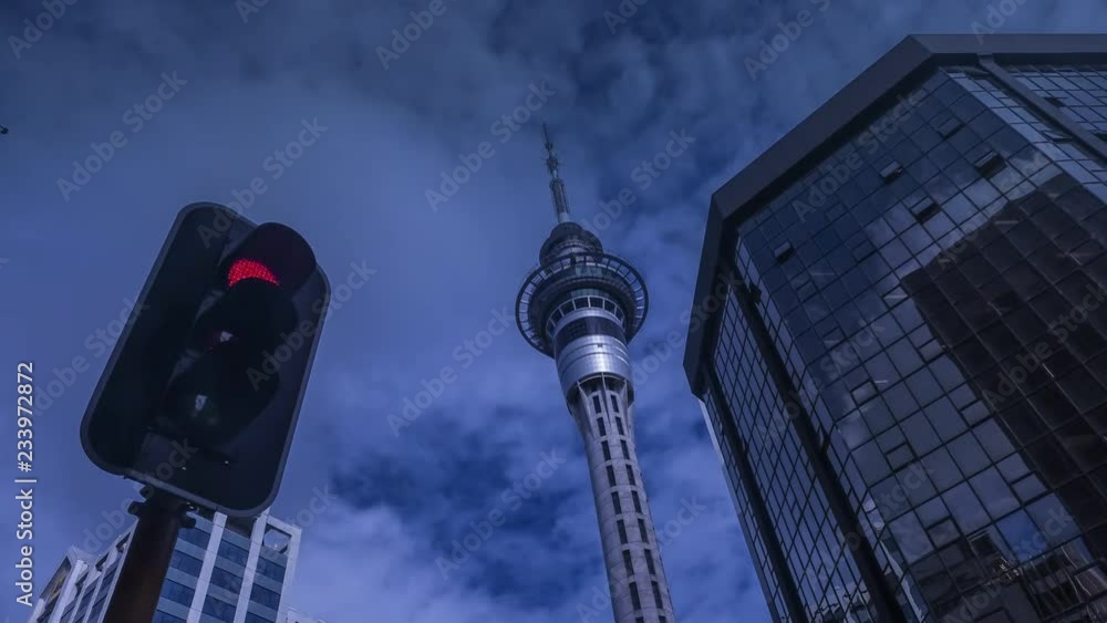 Sky Tower in Auckland, New Zealand. Looking up towards the sky with ...