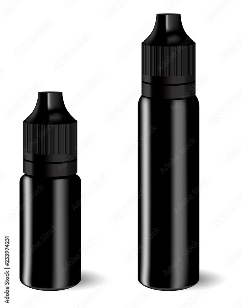 Vape E liquid dropper bottle set in black color. Realistic essential ...