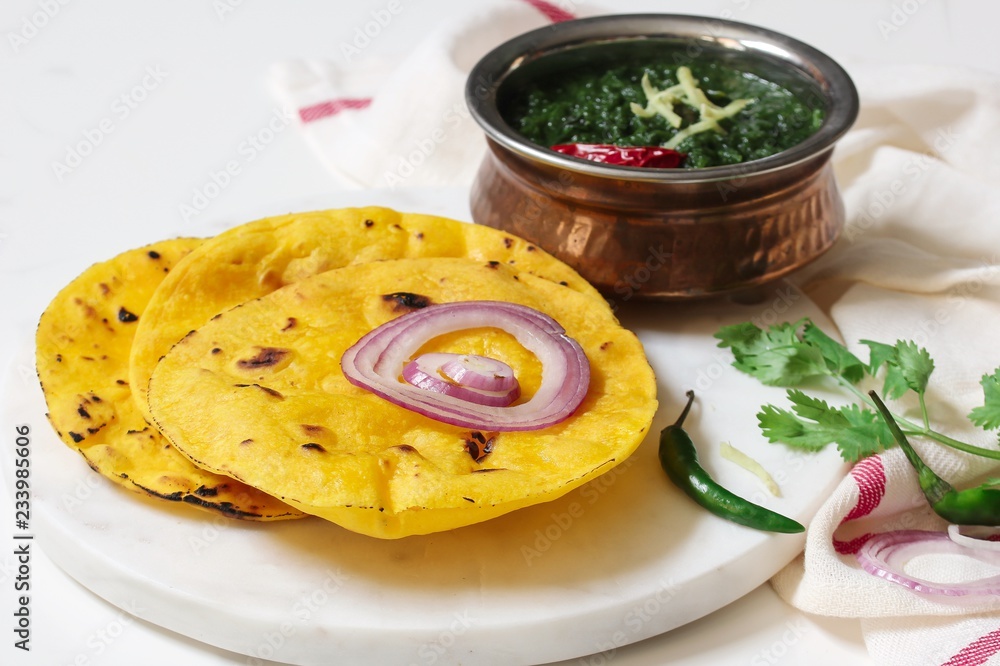 Sarson ka saag and Makki ki roti /Indian corn bread with mustard leaves ...