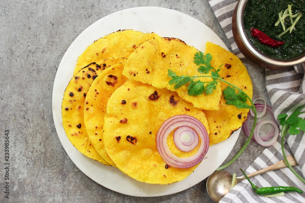 Sarson ka saag and Makki ki roti /Indian corn bread with mustard leaves ...
