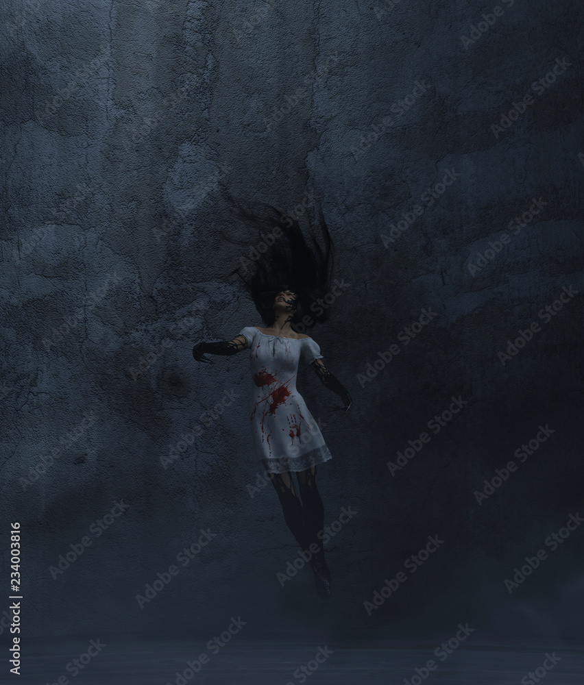 Ghost woman floating in a dark room,3d rendering Stock Illustration ...