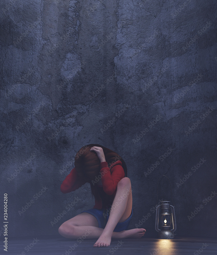 Stress girl sitting alone in a dark room or asylum,3d rendering Stock ...