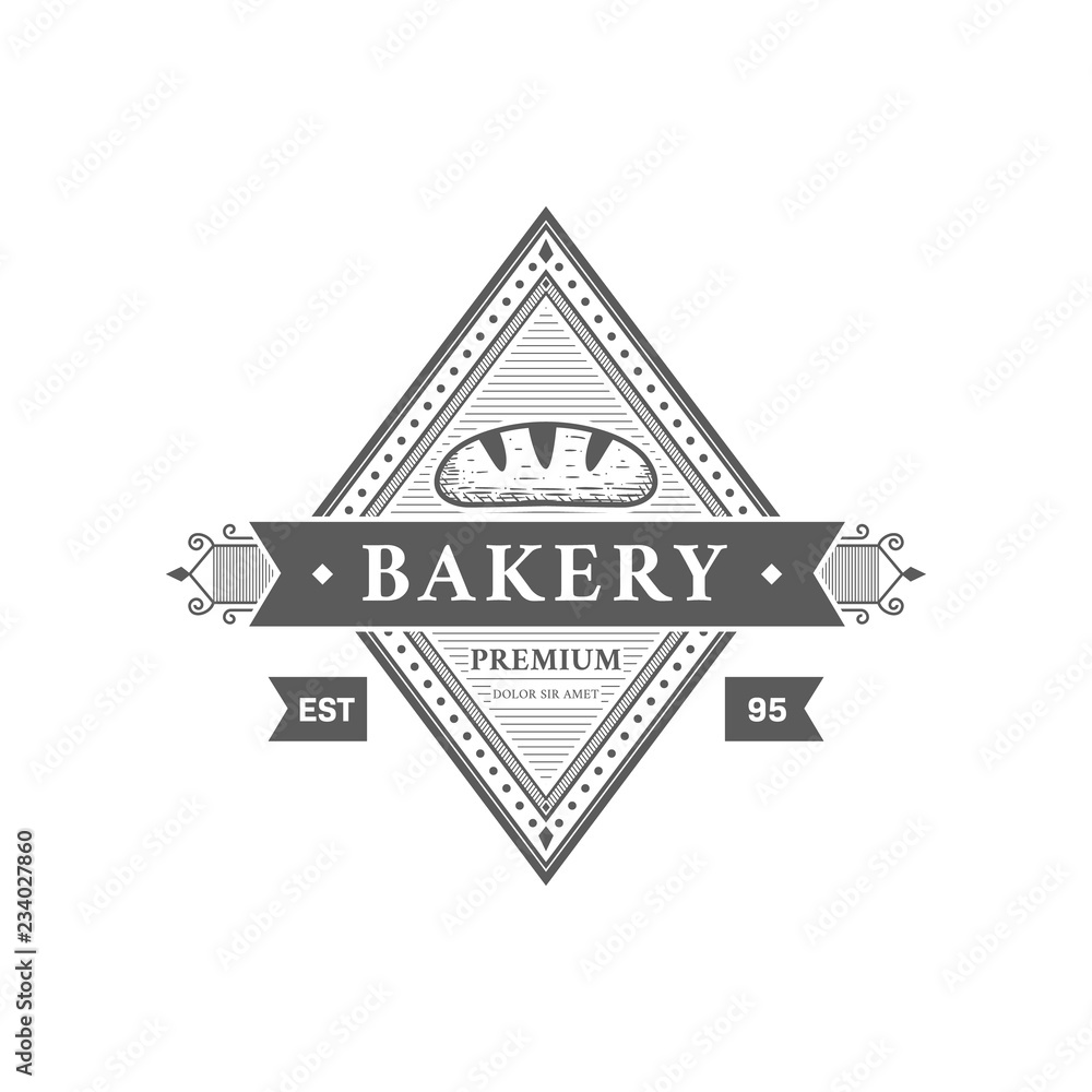 Vintage baguette bread bakery logo hand drawing victorian style badge ...