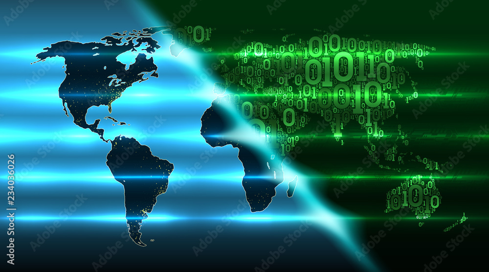 Binary code world map with a background of abstract circuit boards. Digital technologies ...