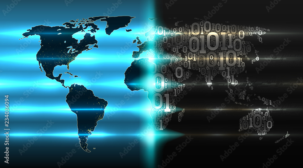 World map from binary code with background of abstract circuit boards. Digital technologies ...
