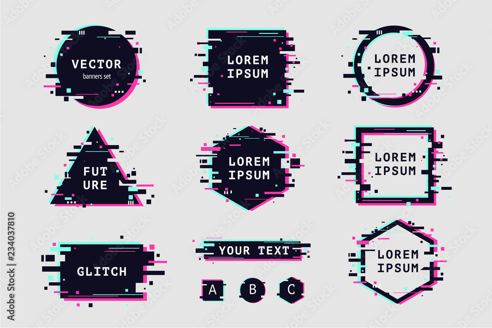 Glitch effect banners and frame set. Futuristic design with glitchy ...