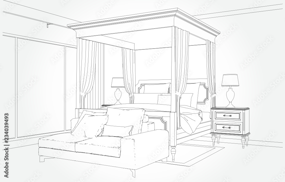 Linear sketch of an interior. Room plan. Sketch Line bedrooms. Vector ...