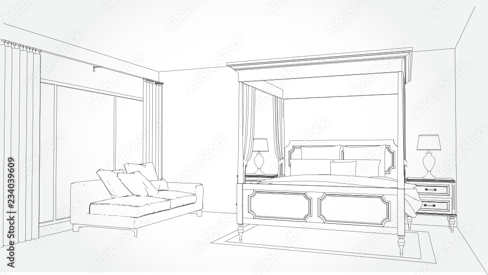 Linear sketch of an interior. Room plan. Sketch Line bedrooms. Vector ...