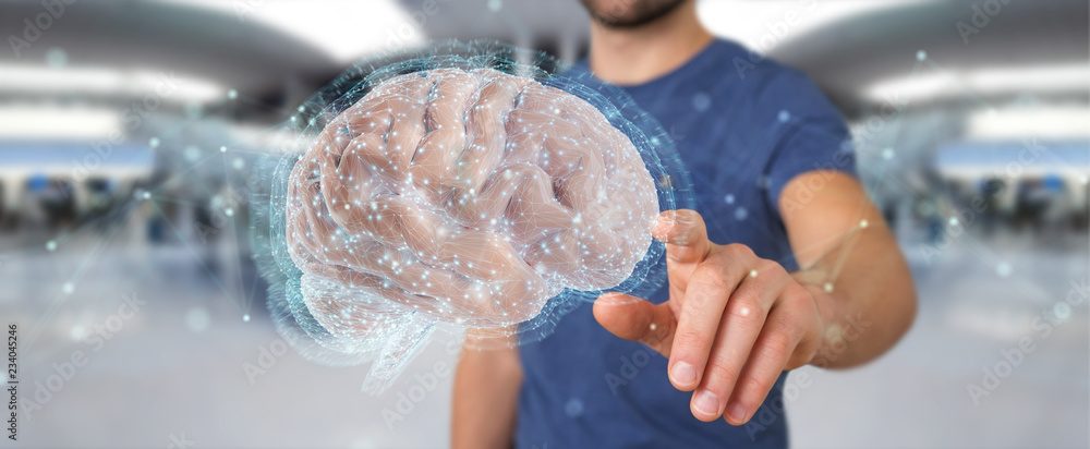 Businessman using digital 3D projection of a human brain 3D rendering ...